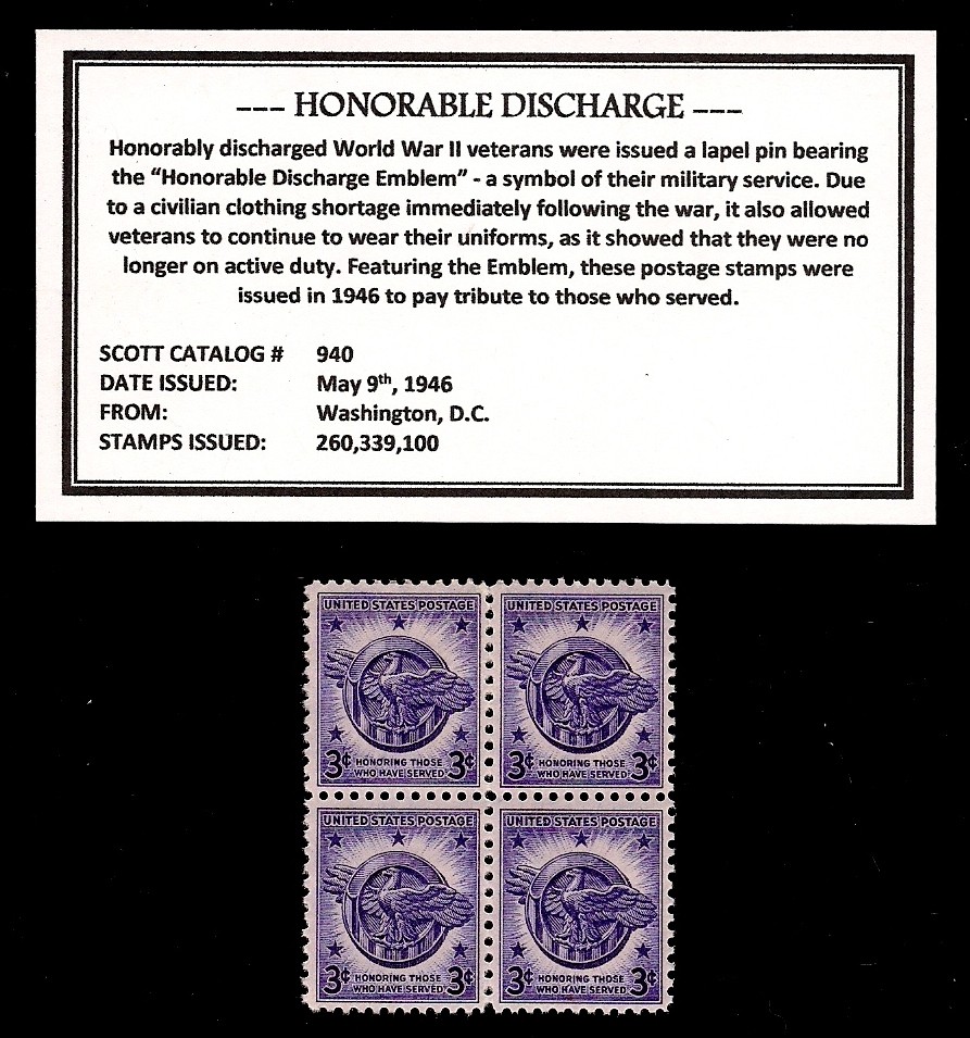 1946 - Honorable Discharge - Mint - MNH - Block of 4 vintage Postage ...