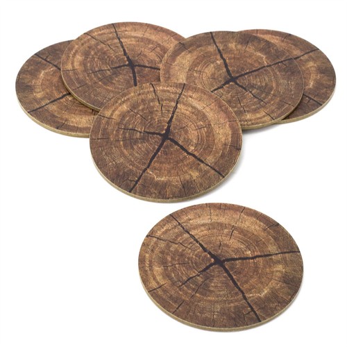 Set Of 6 Round Tree Trunk Print Coasters | Bark Design Cork Backed ...