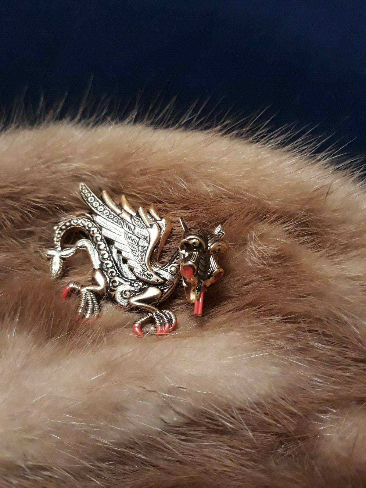 VINTAGE DAMASCENE DIMENSIONAL FIERCE DRAGON PIN RED &… - Gem