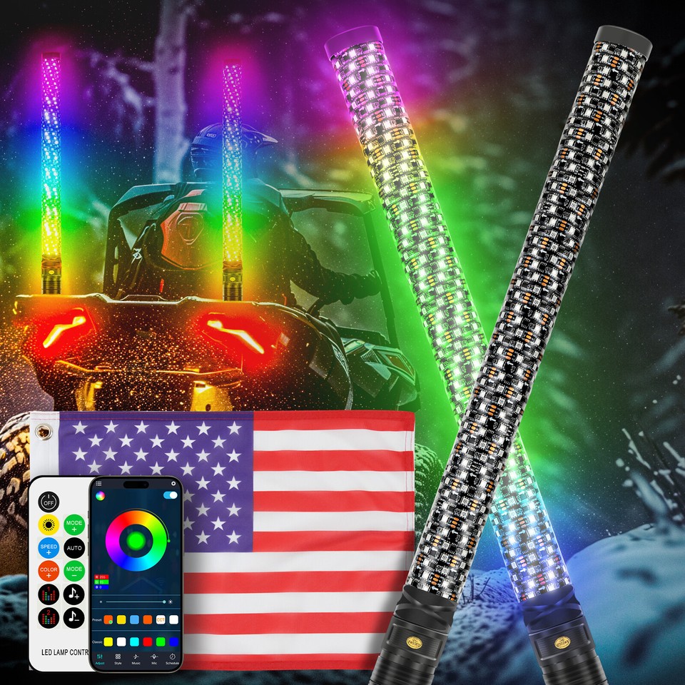 2FT Fat LED Spiral Chasing RGB Whip Lights For UTV ATV Can-am Maverick ...