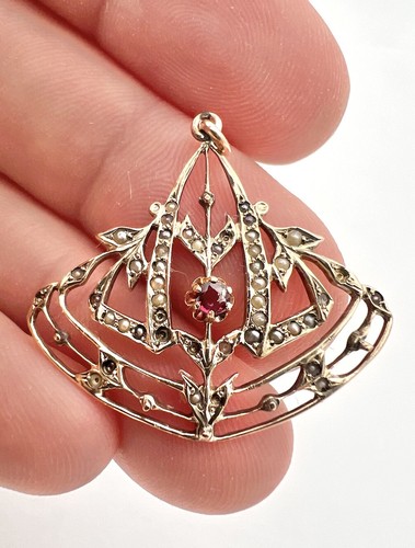 Antique Victorian 14k Yellow Gold Seed Pearl & Bohemian Garnet LAVALIER ...