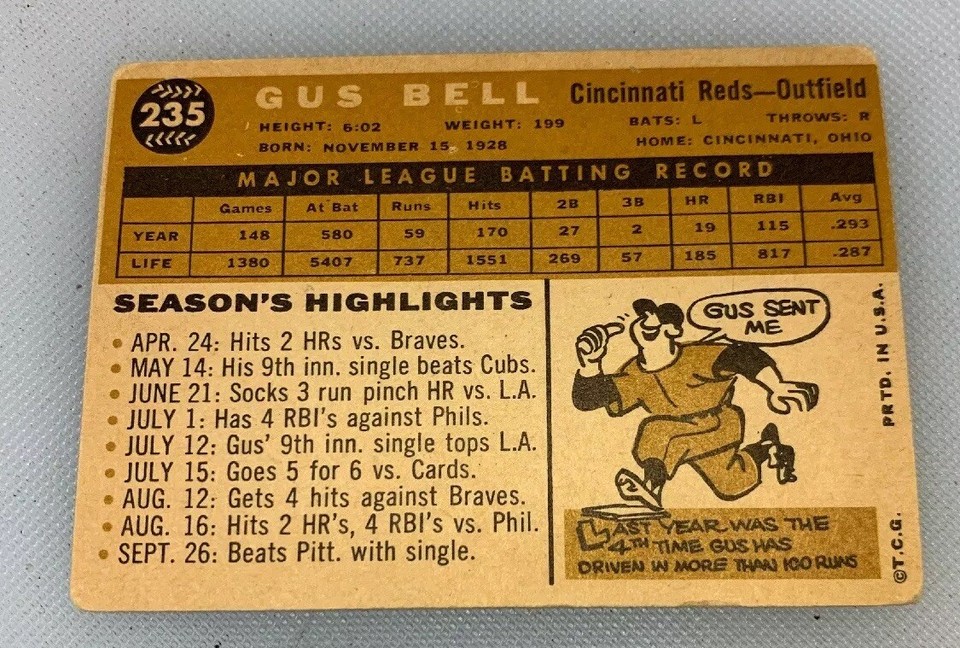 1960 Topps # 235 Gus Bell Cincinnati Reds Baseball Card | eBay