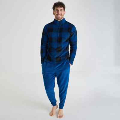 MENS PRIMARK HIGH STREET BLUE CHECKED FLEECE PYJAMAS LOUNGEWEAR ...