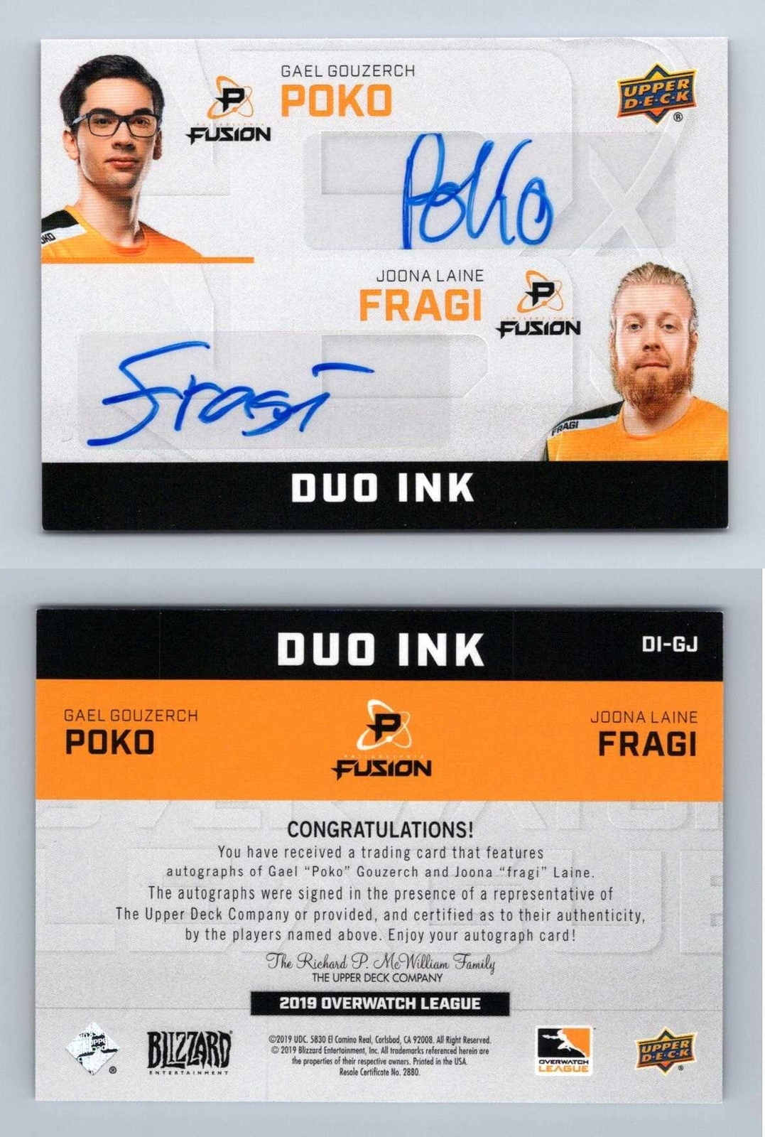 Poko & Fragi #DI-GJ Overwatch League 2019 Upper Deck Duo Ink Autograph ...