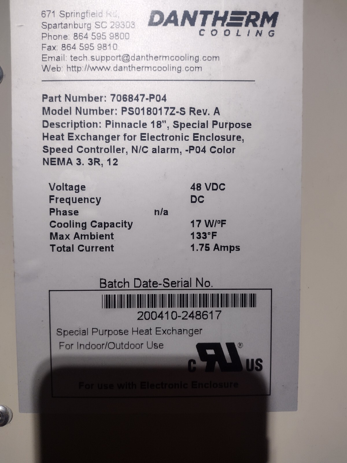 Dantherm Cooling Panel 706847-p04 18" Heat Exchanger, Speed Controller/Nc Alarm | eBay