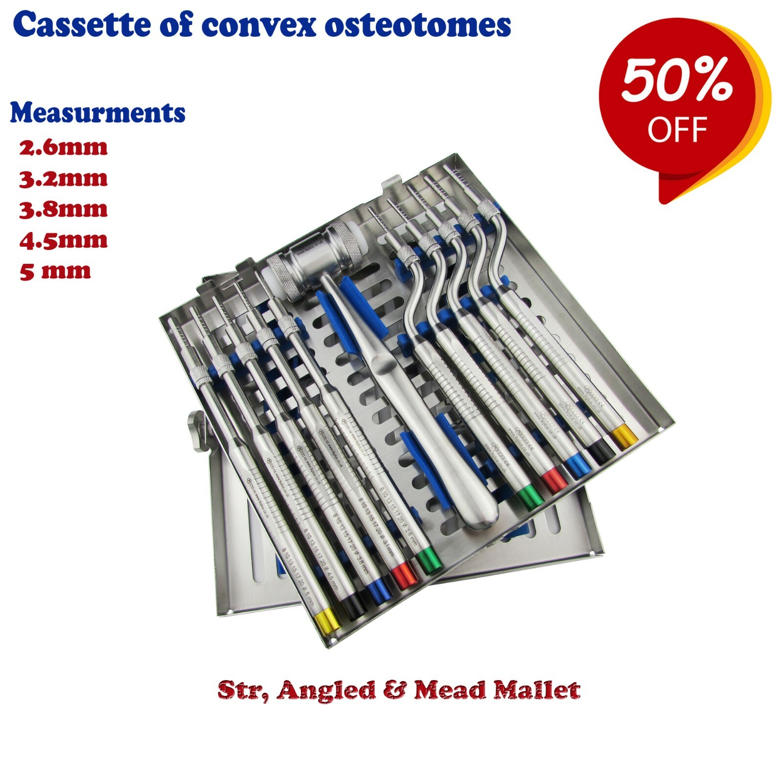 Set of 11 Sinus Osteotomes Offset Convex tip Handle with Cassettes | eBay
