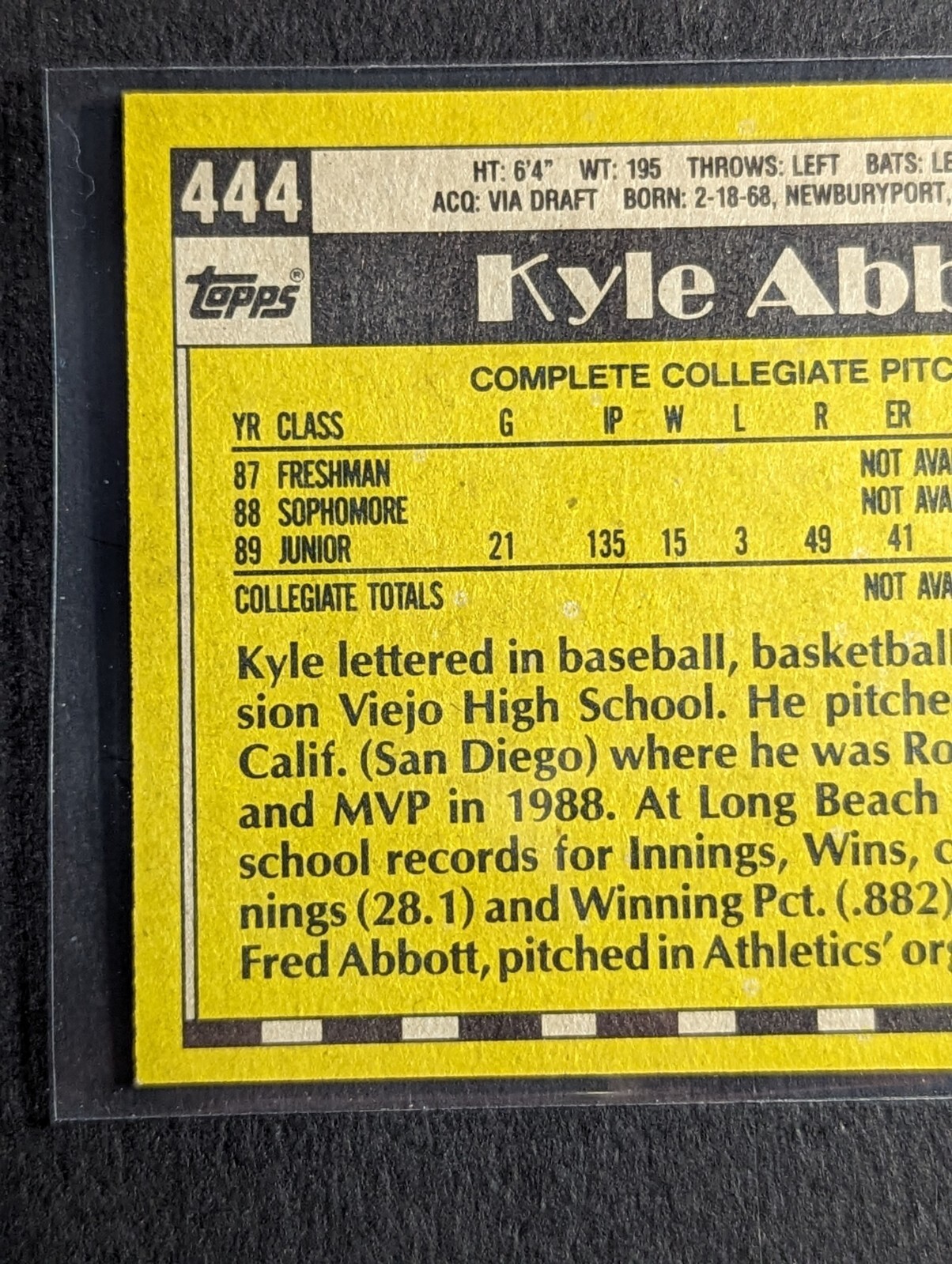 1990 Topps #1 Draft Pick #444 Kyle Abbott Los Angeles Angels | eBay