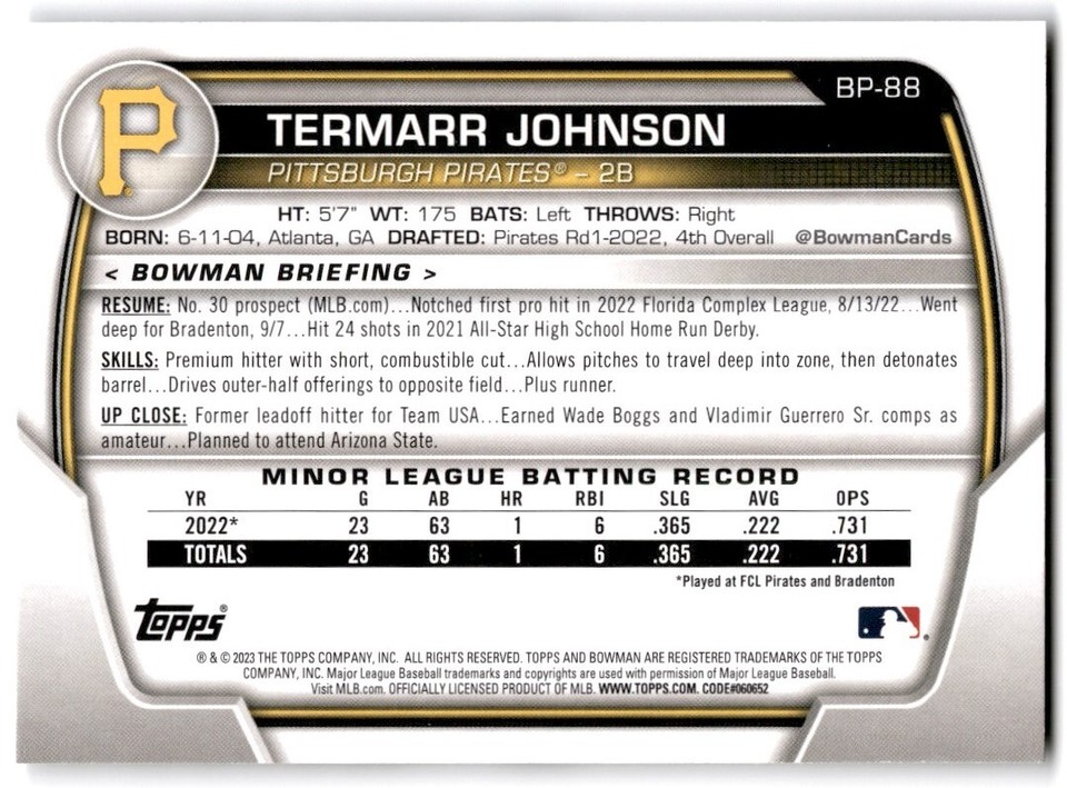 2023 Bowman Prospects Termarr Johnson Pittsburgh Pirates #BP-88 | eBay