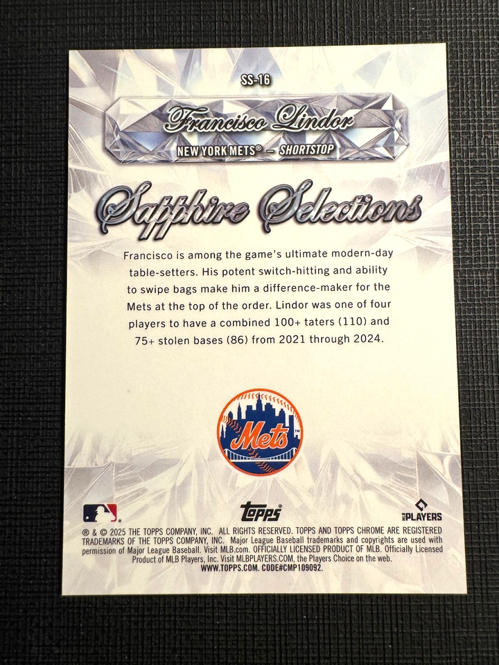 2025 Topps Chrome Sapphire Selections Francisco Lindor #SS-16 NY Mets ...