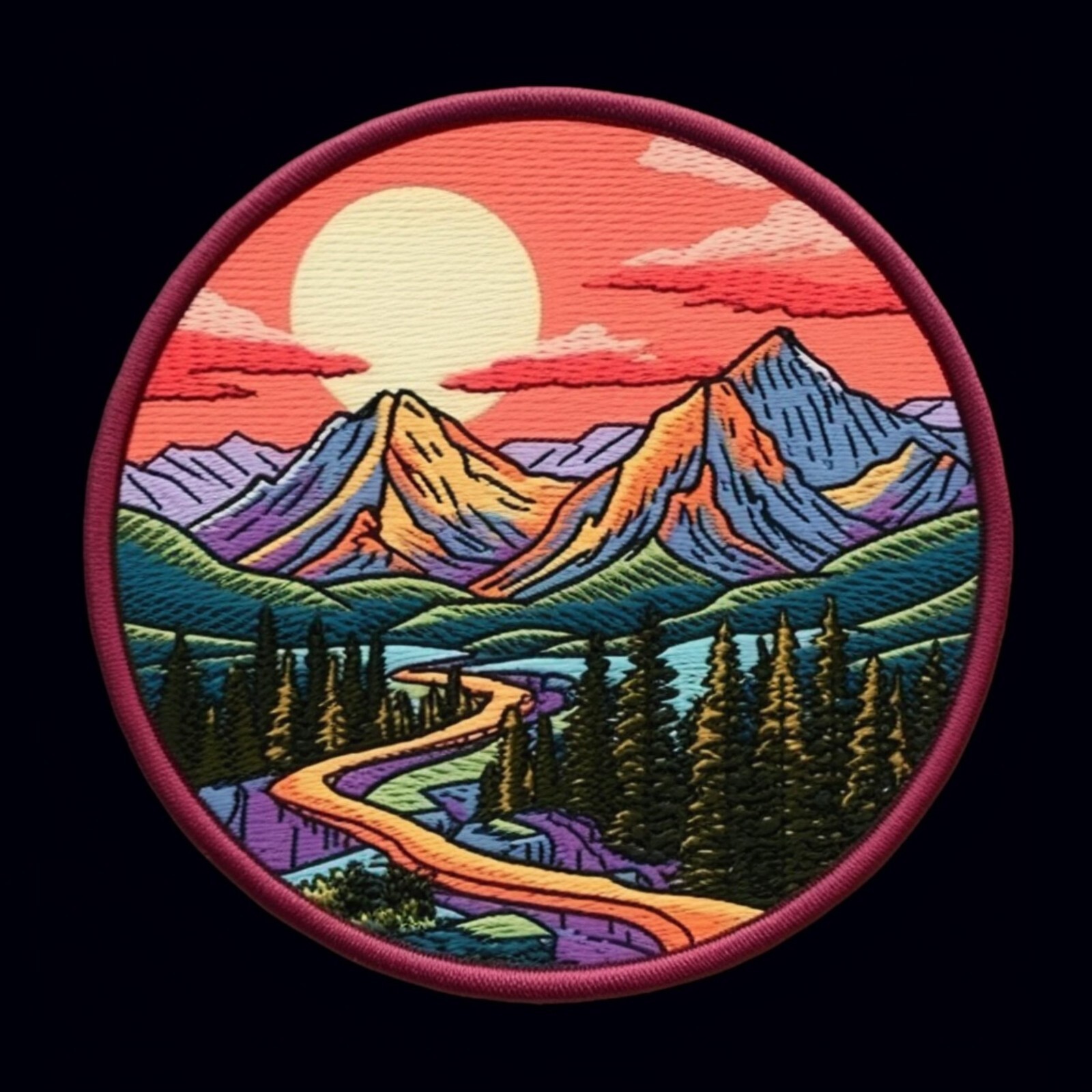 Mountain Sunset Patch Iron-on Applique Outdoor Nature Badge Hiking Lake ...