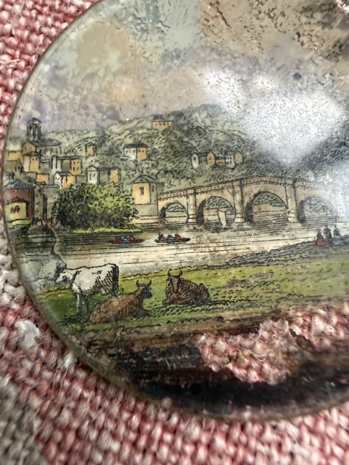Antique Glass Disc Picture Cows Landscape Miniature Bridge Magic ...