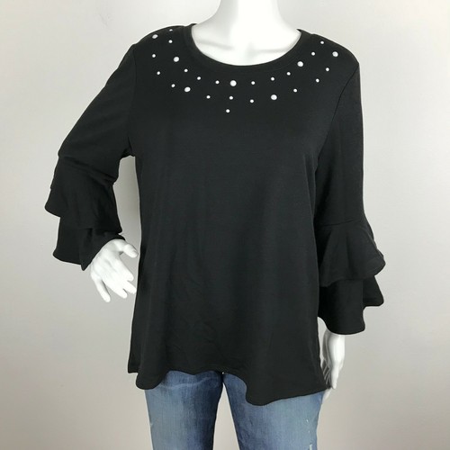 NY Collection Blouse Sz L Ruffled 3/4 Trumpet Sleeves Black Pearl ...
