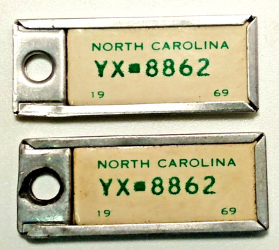 Matched Pair 1969 North Carolina DAV NC Mini License Key Return Tags ...