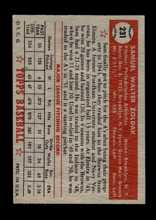 1952 Topps Set-Break #231 Sam Zoldak VG-VGEX *GMCARDS* | eBay