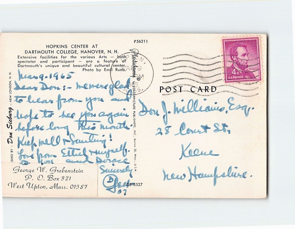 Postcard Hopkins Center At Dartmouth College Hanover USA | eBay