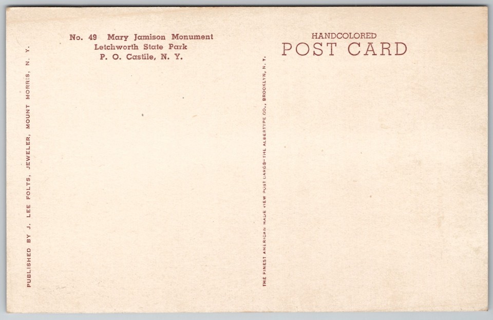 c1920s Postcard Letchworth State Park New York NY Mary Jamison Statue ...