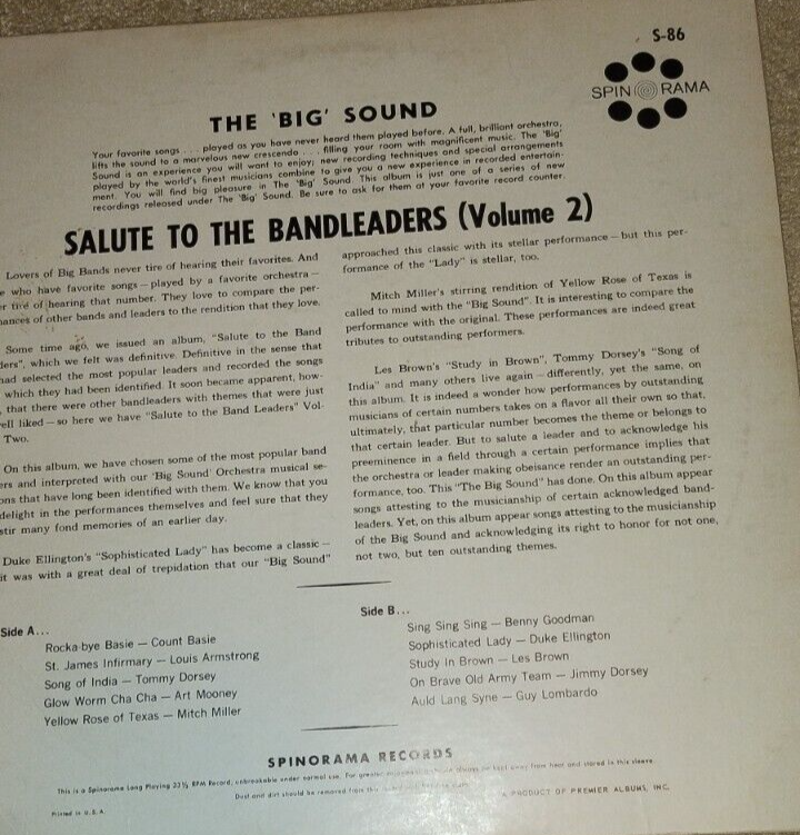 Eddie Maynard Band Salute To The Bandleaders Record Album Vinyl LP ...
