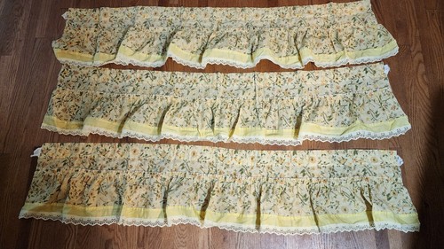Vintage Flowered Yellow Valance Set Of 3 46" Long | eBay