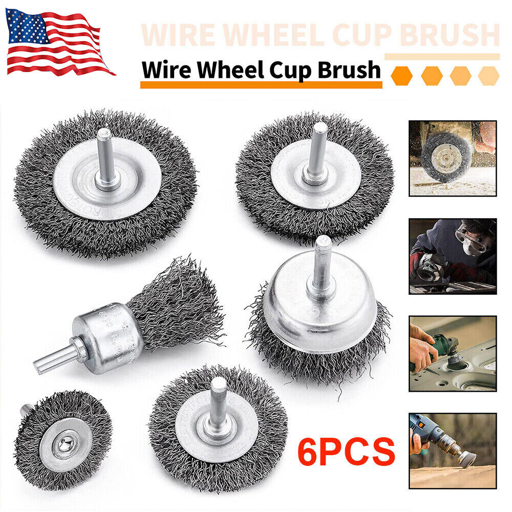 6PC Rotary Steel Wire Brush Drill Attachment Cup Wheel Set Tool Rust ...