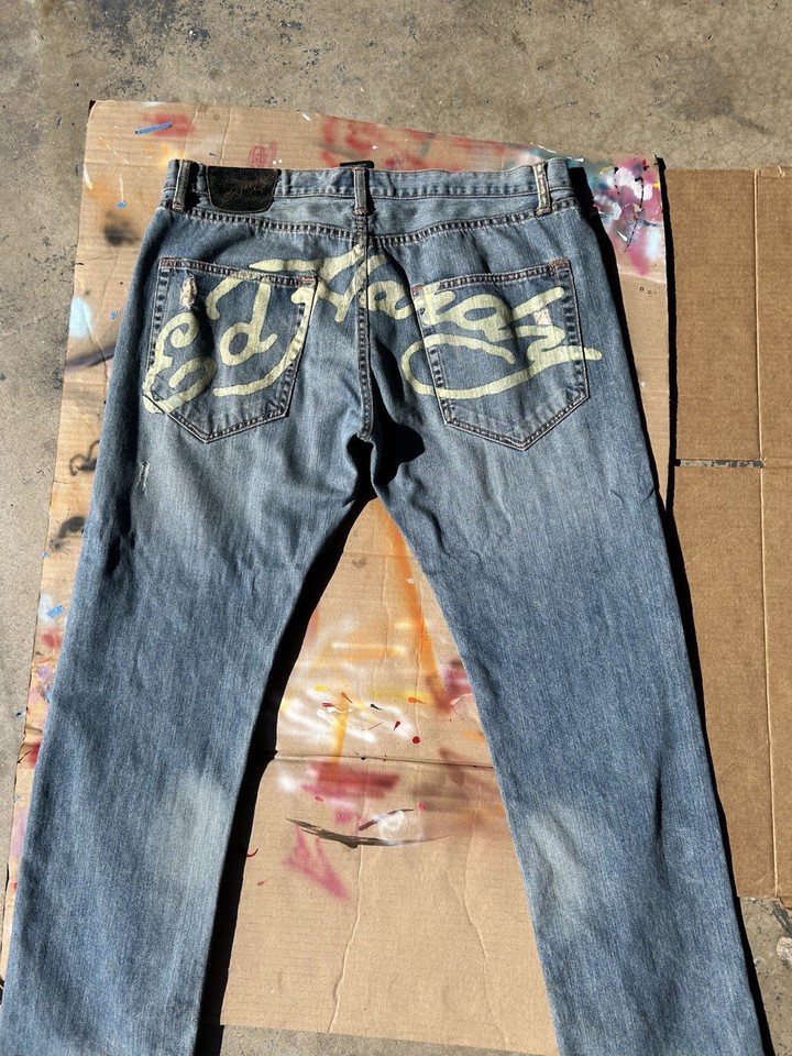 Ed Hardy Distressed Embroidered Blue Denim Straight Jeans Cotton Men's ...