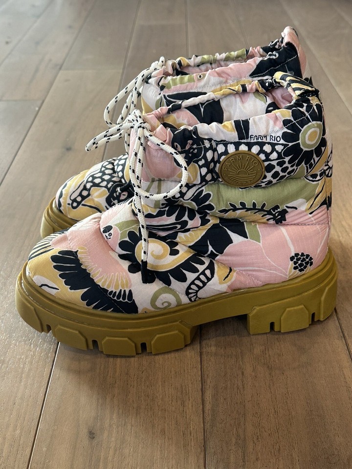 Farm Rio Luxe Floral Lug Rubber Sole Puffer Platform Ankle Snow Boots ...