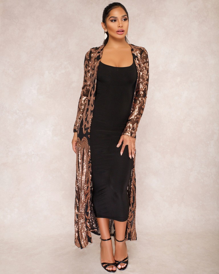 Women Sequin Mesh Front Open Full Long Maxi Dress Coat Jacket Tops ...