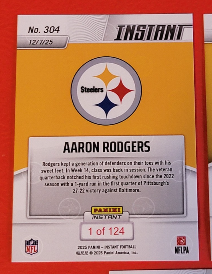 Aaron Rodgers RUSH TD Steelers WIN VS RAVENS CARD #1/124 DECEMBER 7 ...