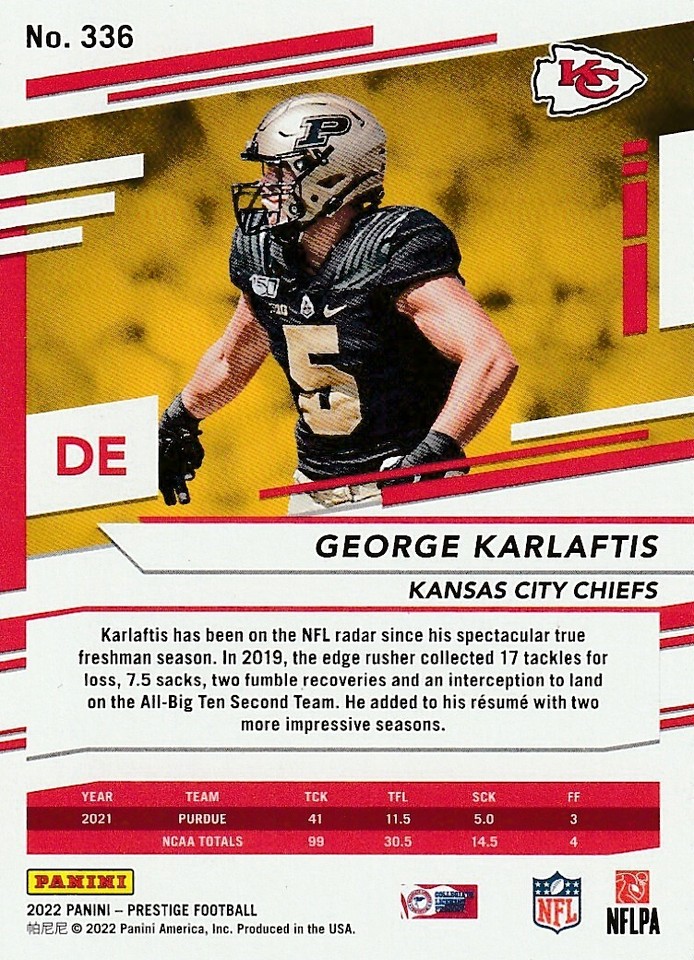 2022 PANINI PRESTIGE GEORGE KARLAFTIS #336 ROOKIE CARD KANSAS CITY ...