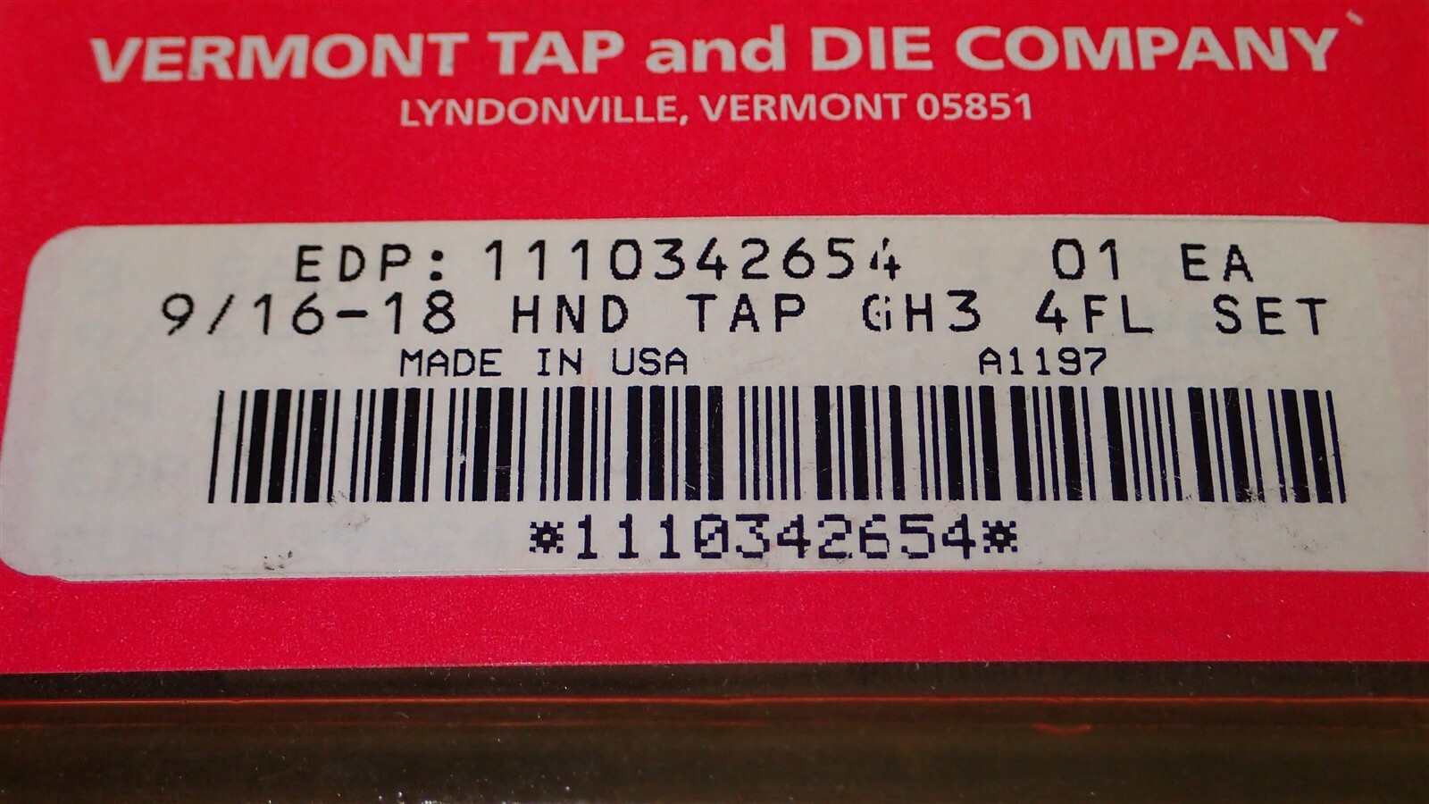 3-Pc Vermont T&D 342654, 9/16-18 GH3 4FL HSS Hand Tap Set BOTT PLUG ...