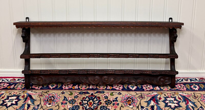 Antique English Carved Oak Plate Rack Lions Wall Shelf | eBay
