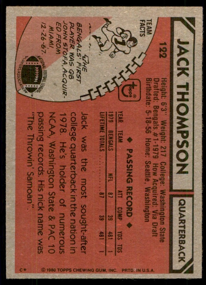 1980 Topps Jack Thompson Football Card Cincinnati Bengals #122 | eBay