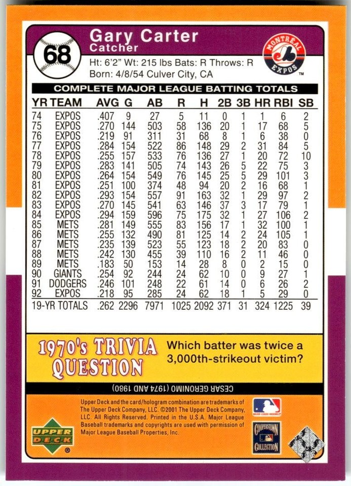2001 Upper Deck Decade 1970's #68 Gary Carter | eBay UK