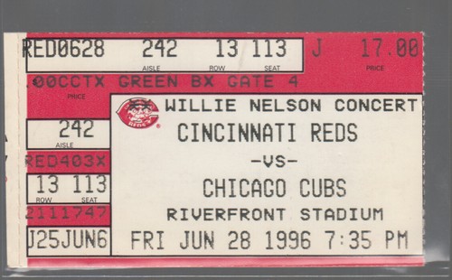 CINCINNATI REDS vs Chicago Cubs 6/28/96 Ticket Stub Willie Nelson ...