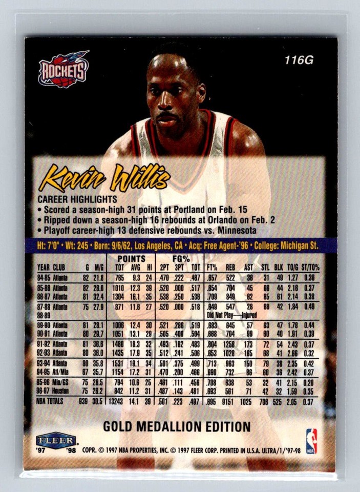 1997 Fleer Ultra Gold Medallion Kevin Willis #116 Houston Rockets | eBay