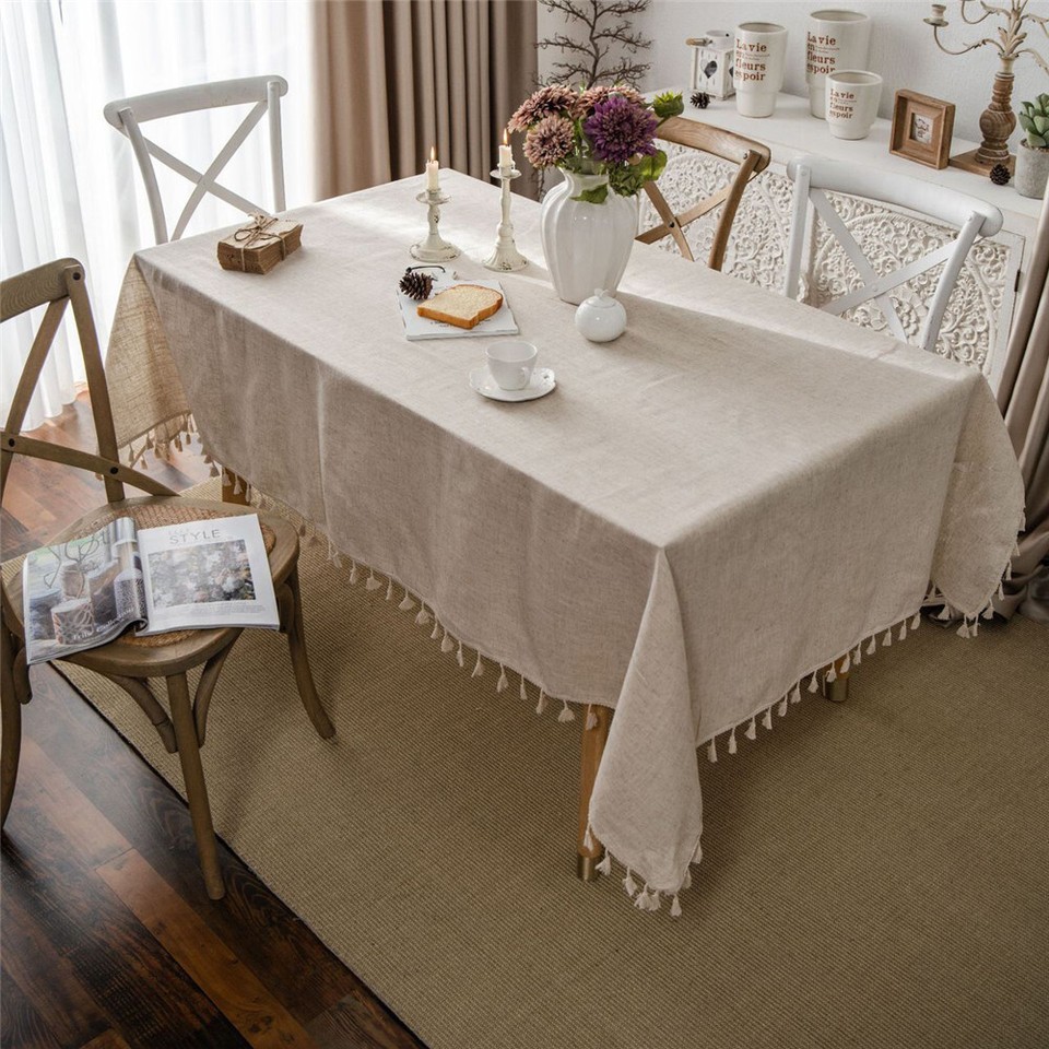 Beige Linen Tablecloth Tassel Fringe Table Cloth Cover Dining Kitchen ...
