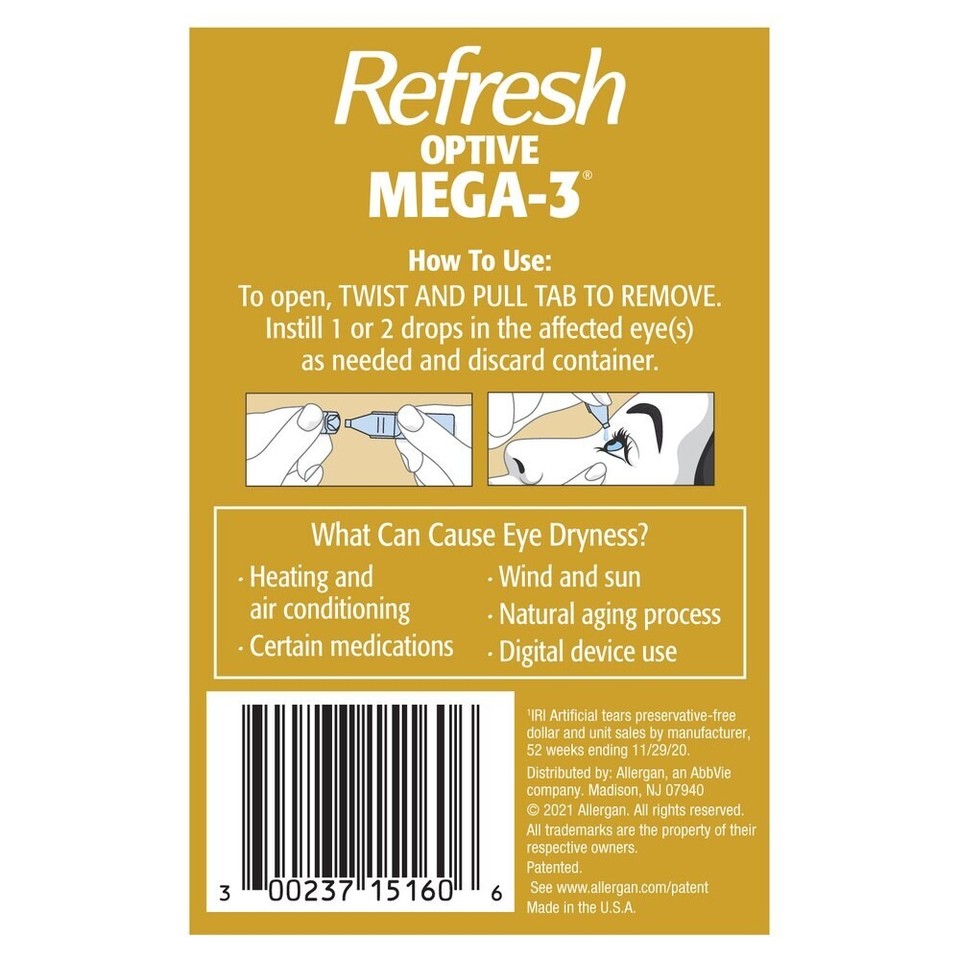 Refresh Optive Mega-3 Preservative-Free Lubricant Eye Drops, 60 ct, 0. ...