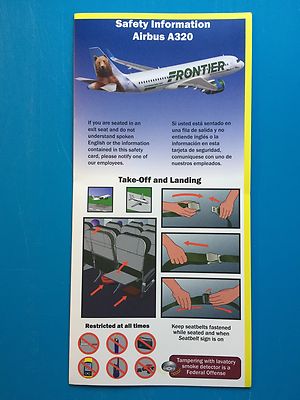 FRONTIER AIRLINES SAFETY CARD--AIRBUS 320-- 2015 REV | eBay