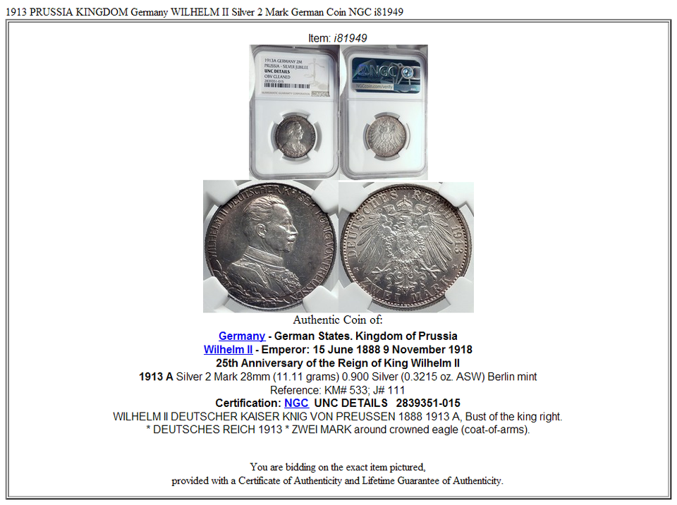 1913 PRUSSIA KINGDOM Germany WILHELM II Silver 2 Mark German Coin NGC ...