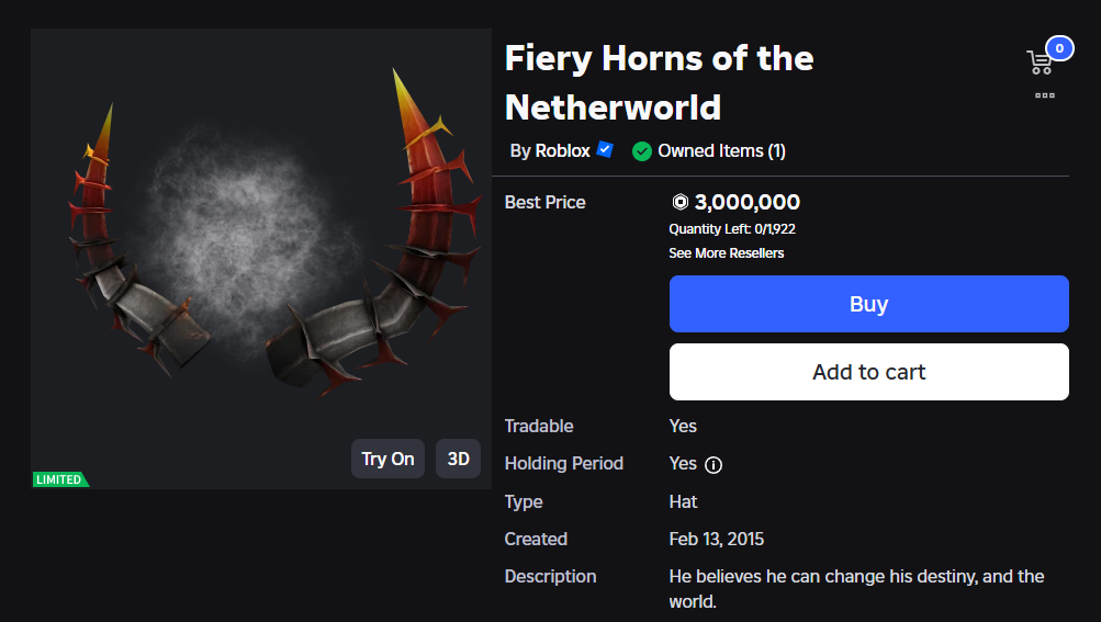 Fiery Horns of the Netherworld - Roblox Limited item - Super clean and ...