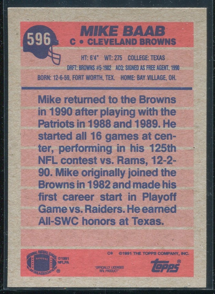 1991 Topps Football Mike Baab #596 Cleveland Browns | eBay
