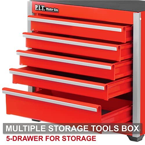 P.I.T. Portable 5-Drawer Micro Roll Cab Steel Tool Box, Red Hand Carry ...