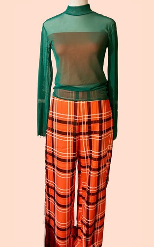 FHQ Collection - Orange & Black Plaid Palazzo Wide-Leg Trouser Pants ...