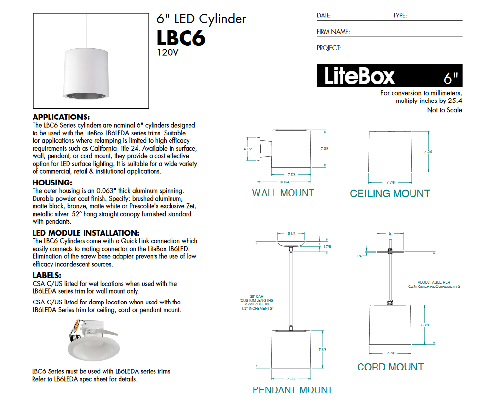 Hubbell Prescolite LBC6SWH LBC6 LITEBO" LED CYLINDER Pendant for sale ...