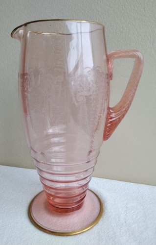 RARE Cambridge Glass Cleo # 3077 - 63 oz Pink Pitcher - Gold Band Trim ...