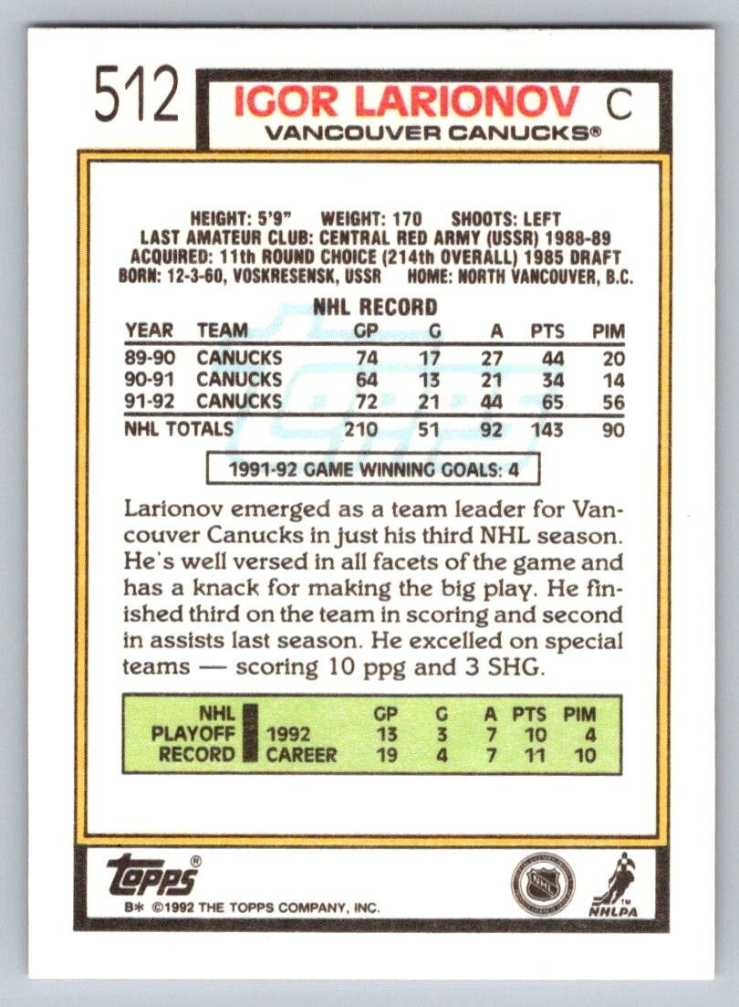 1992-93 Topps - Igor Larionov #512 for sale online | eBay