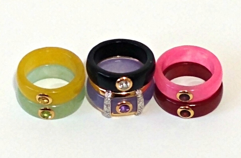 Six Interchangeable Multicolor Jade Set Bands with 14kt Gold Ring ...