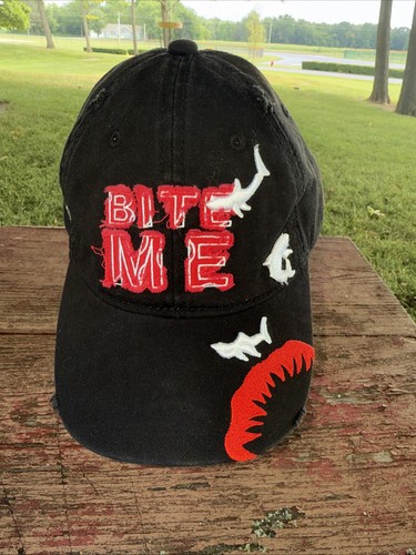 BITE ME Acapulco, Mexico Distressed Black w Red White Shark Hat Cap ...