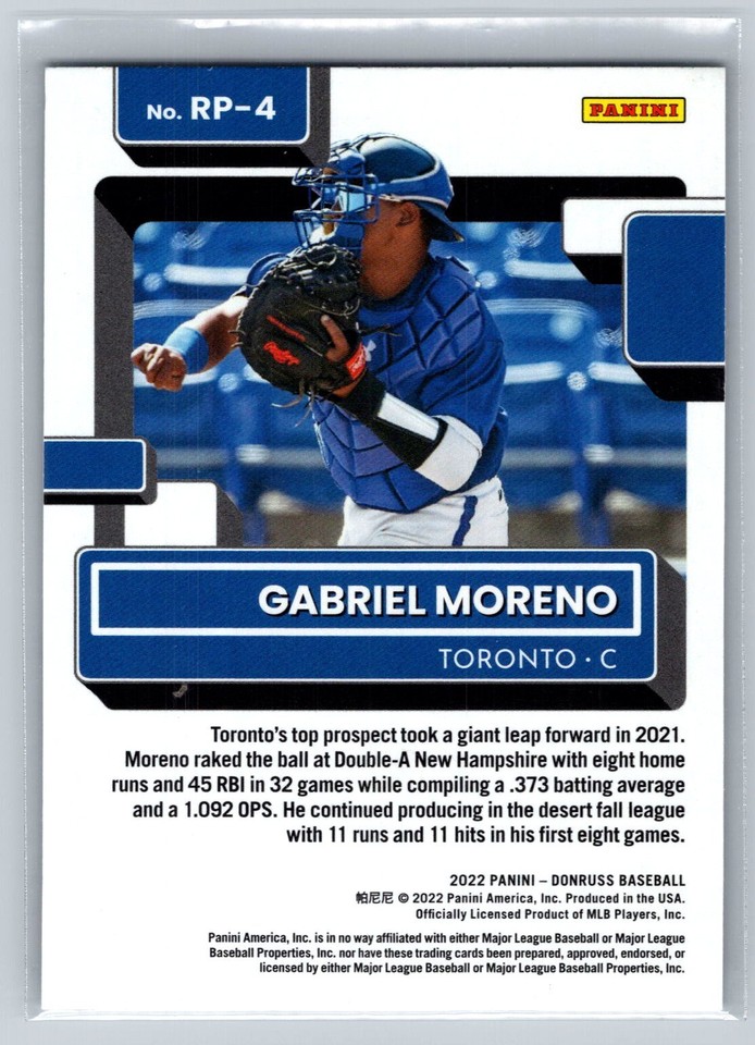2022 Donruss Rated Prospects Vector Gabriel Moreno #RP-4 Toronto Blue ...