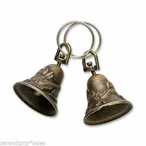 6 BRASS BELLS Antiqued Finish~ Bird Rabbit Design 1-1/4" Split ring on ...