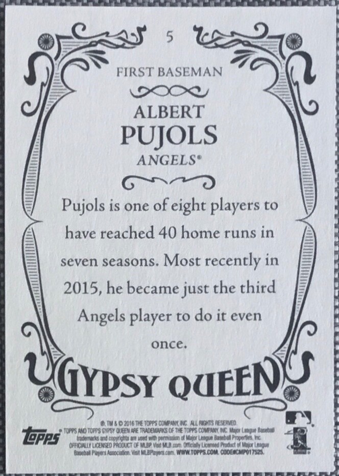 2016 Topps Gypsy Queen #5 ALBERT PUJOLS Purple Frame #d /250 FREE SHIP ...
